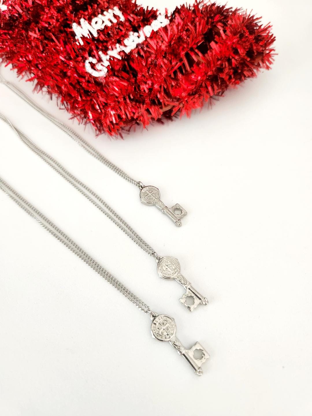 St Benedict Silver Necklace, Key Pendant, Catholic Jewelry Gift ...