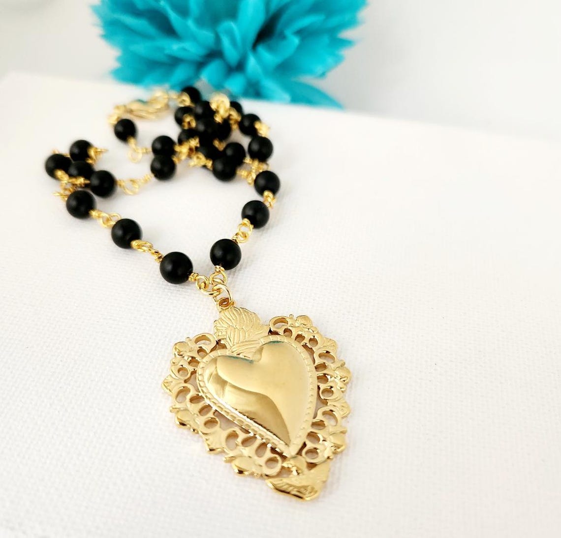 Sacred Heart Necklace: Gold Rosary Chain With Black Beads - Etsy