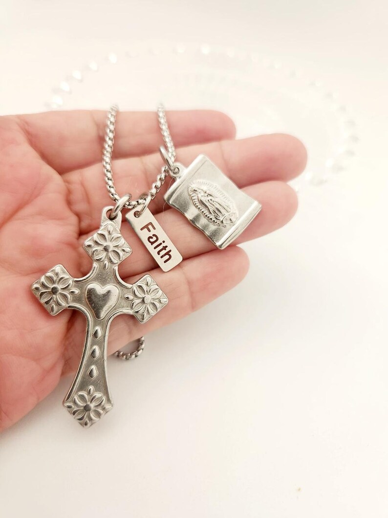Multi Charm Catholic Necklace Stainless Steel Cross & Virgin Scapular ...