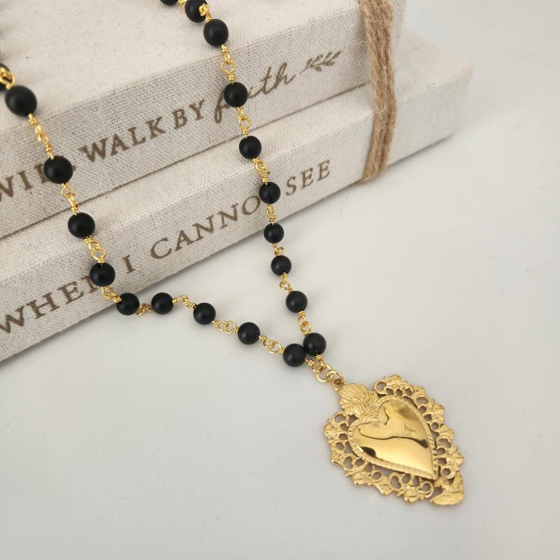 Sacred Heart Necklace: Gold Rosary Chain With Black Beads - Etsy