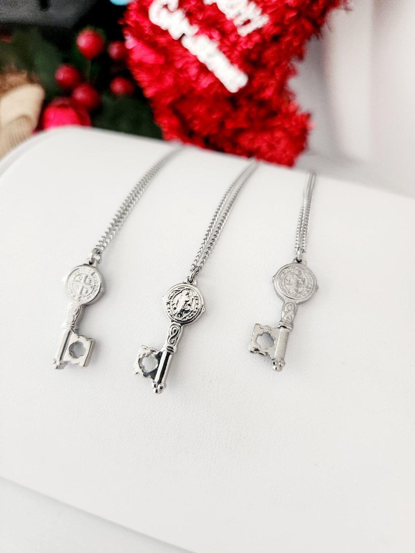 St Benedict Silver Necklace, Key Pendant, Catholic Jewelry Gift ...