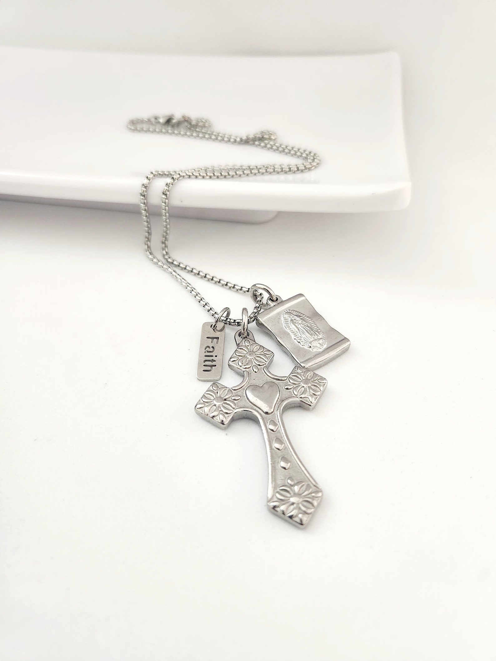 Multi Charm Catholic Necklace Stainless Steel Cross & Virgin Scapular ...
