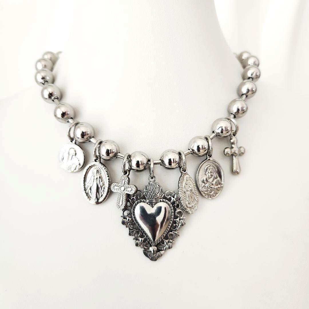 Sacred Heart Necklace and Catholic Charms and Medals, Mexican Artisan ...