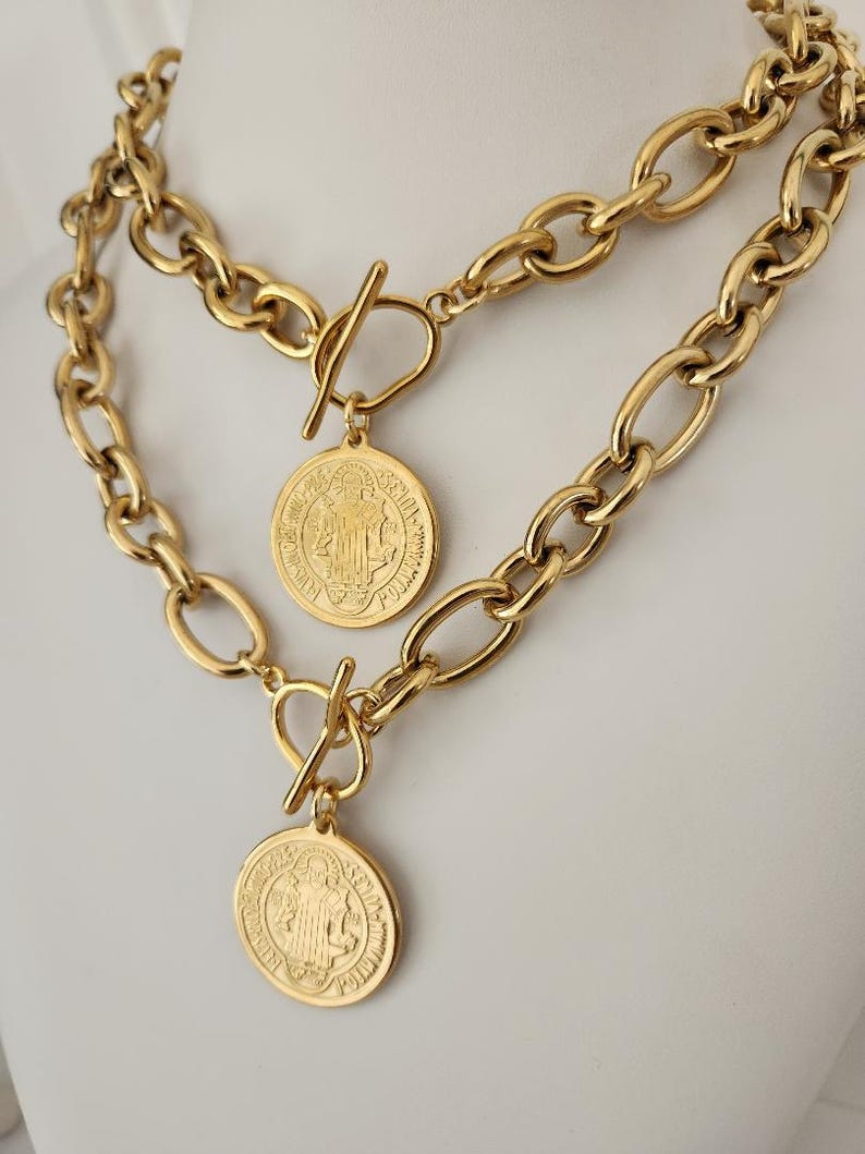 Saint Benedict Necklace, Chunky Chain, St Benedict Gold Medal Pendant ...