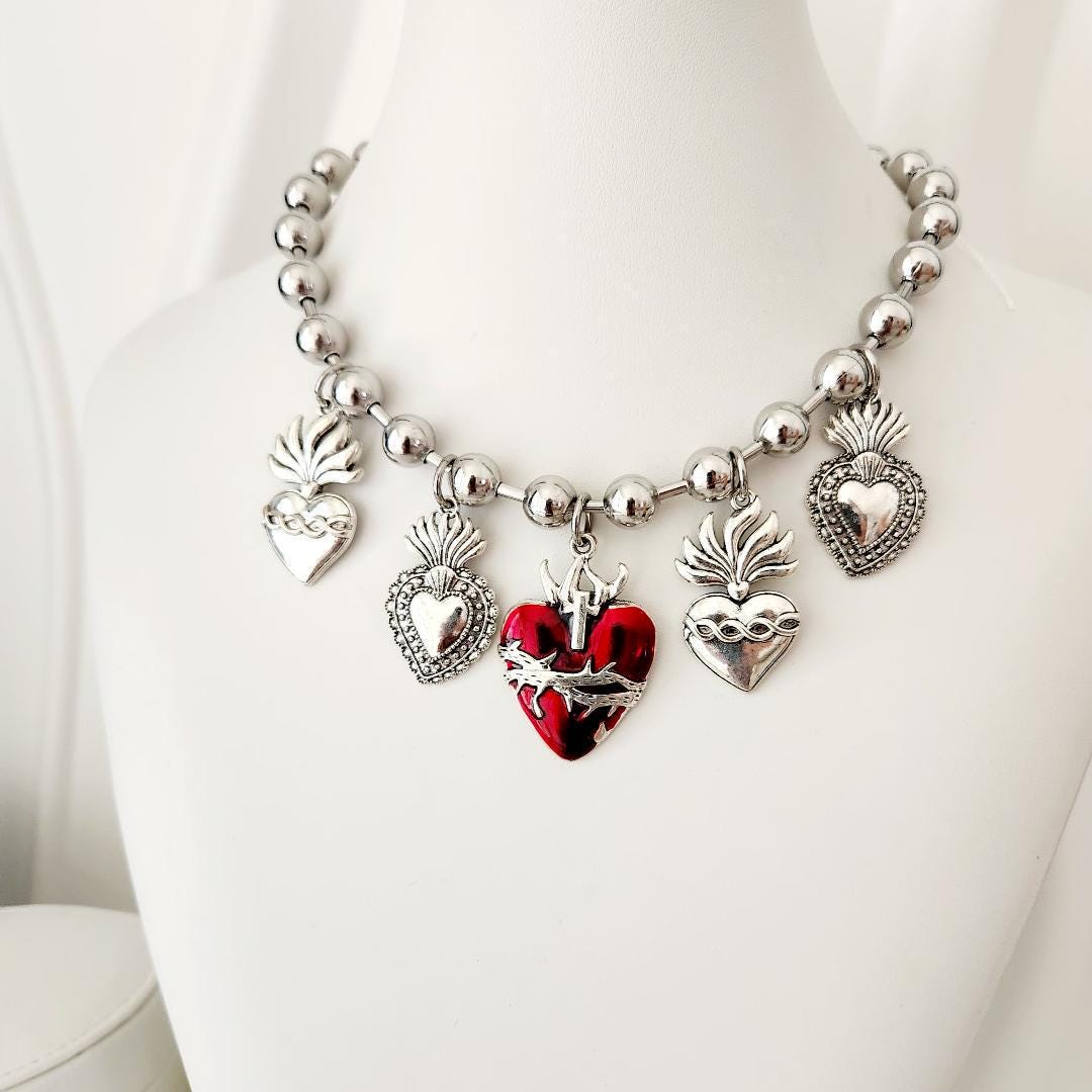 Multi Charm Hearts Necklace, Silver Thorn Ex Voto Necklace, Stainless ...