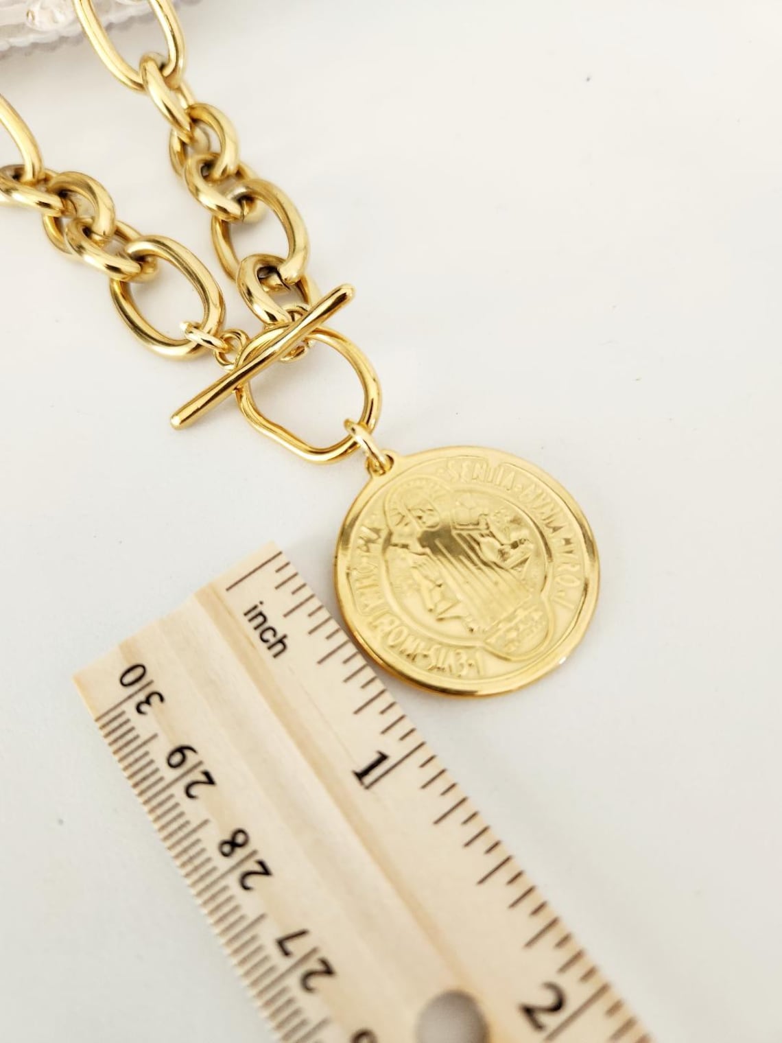 Saint Benedict Necklace, Chunky Chain, St Benedict Gold Medal Pendant ...