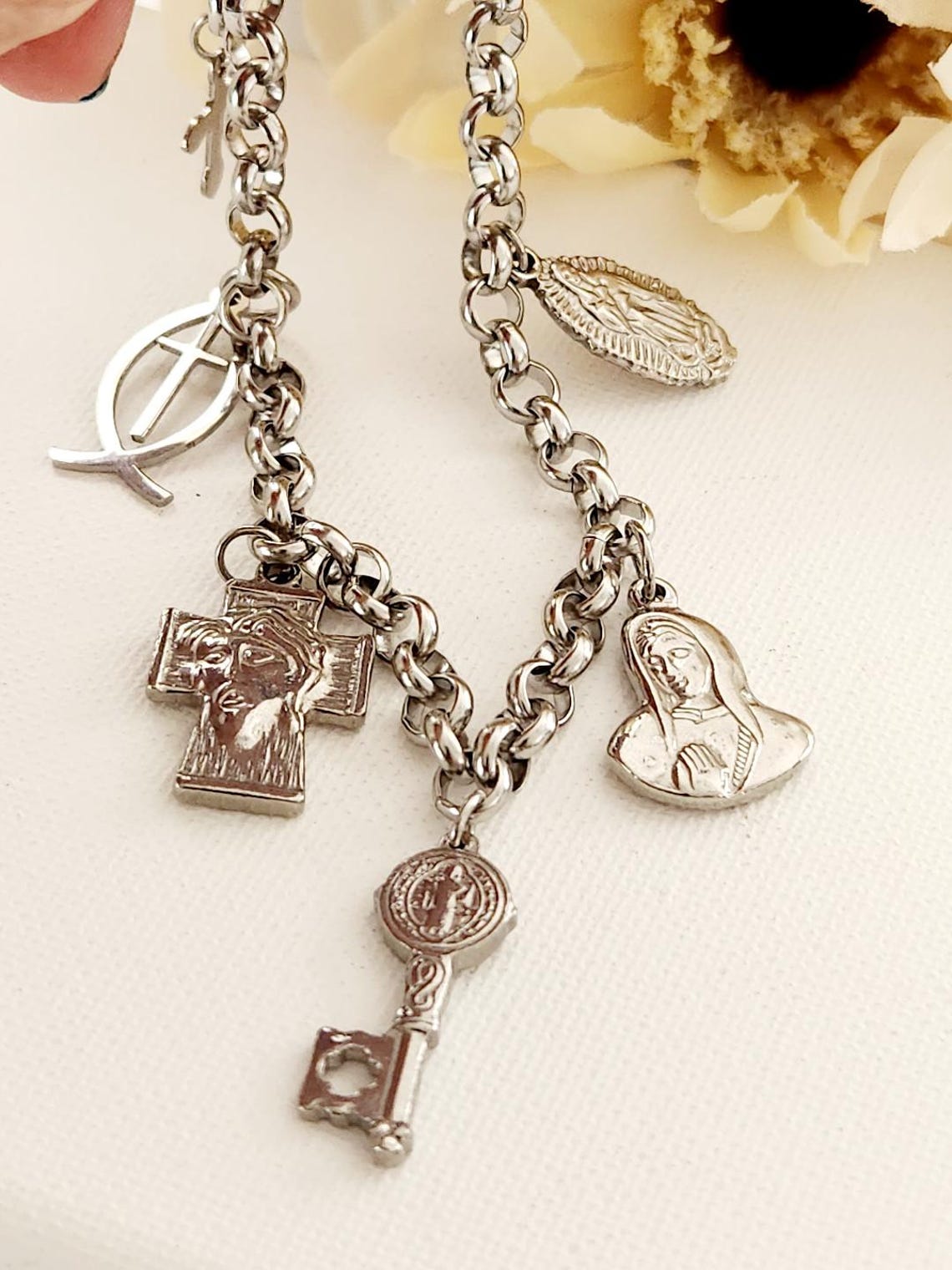 Christian Charm Bracelet, Catholic Charm Bracelet, Silver Cross, Virgen ...