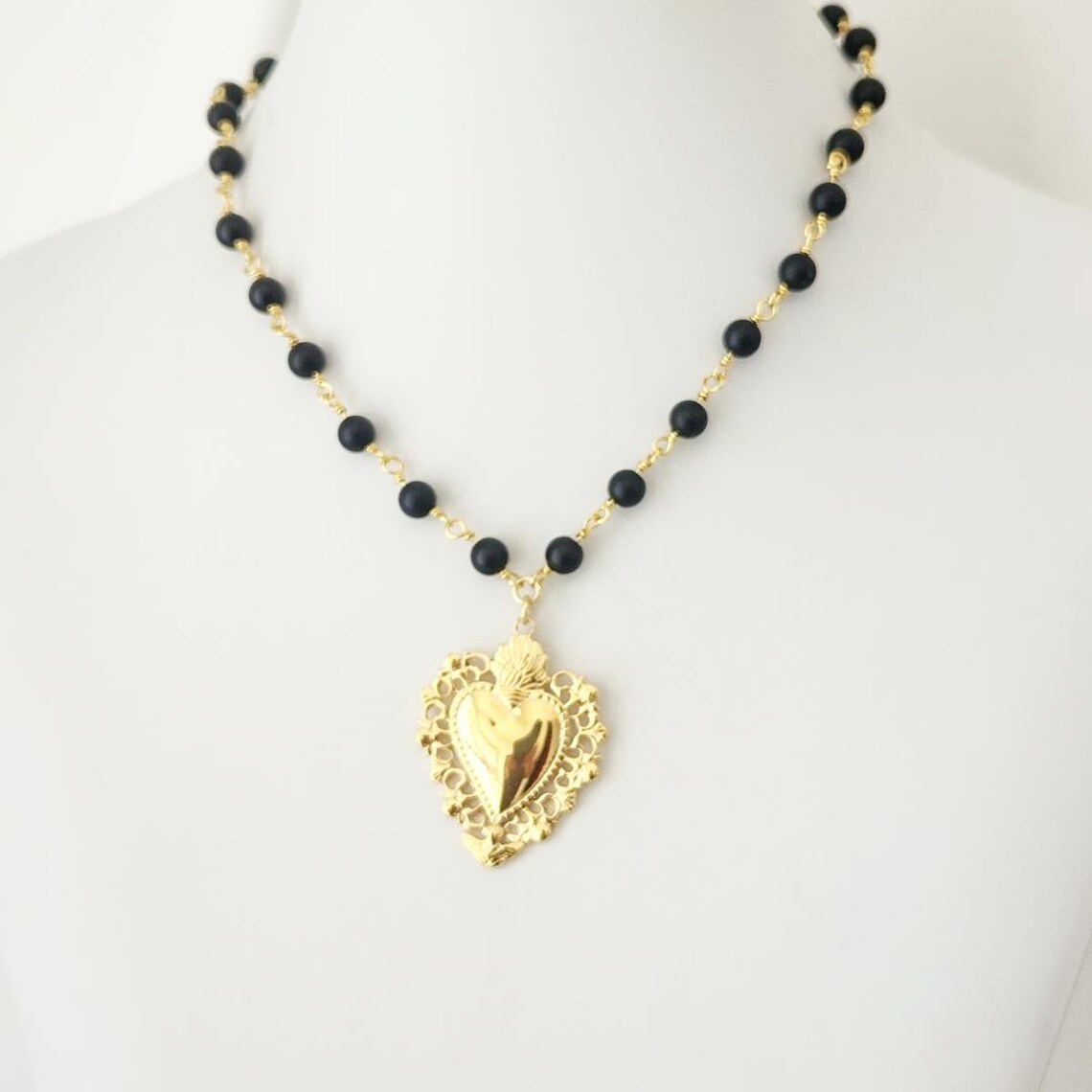 Sacred Heart Necklace: Gold Rosary Chain With Black Beads - Etsy