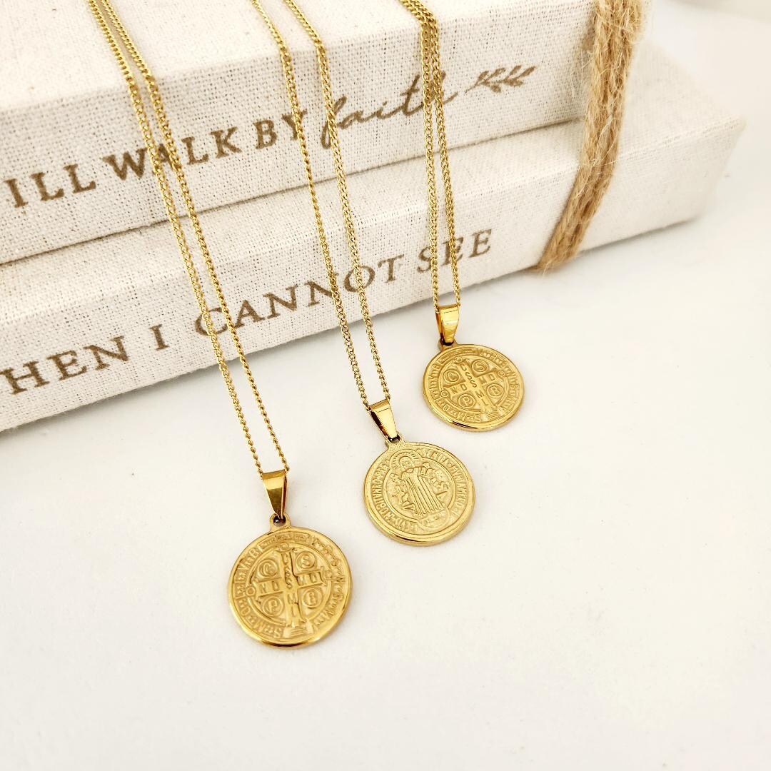 St Benedict Gold Medal Necklace, St Benedict Mini Gold Coin Necklace ...