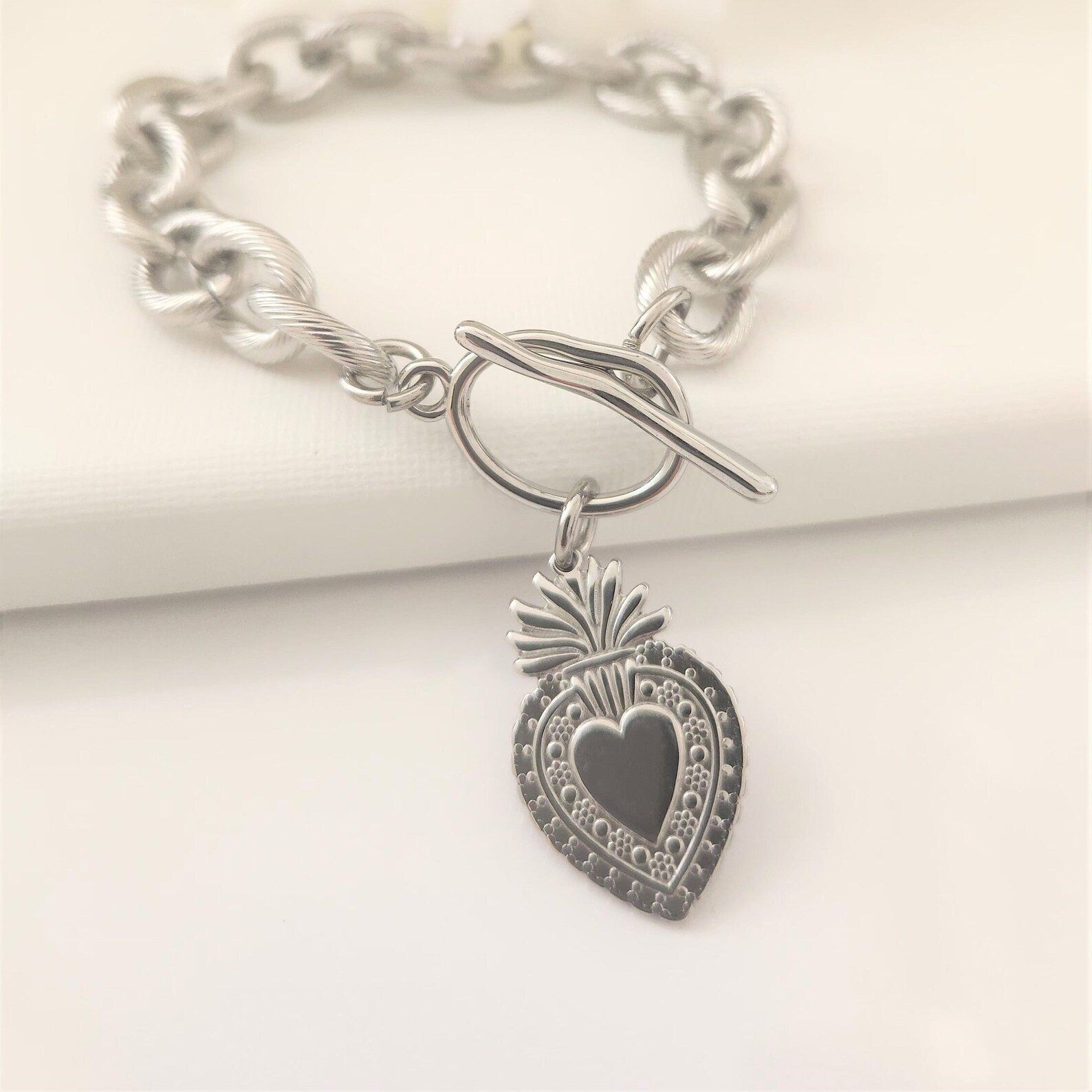 Sacred Heart of Jesus Silver Bracelet, Chunky Bracelet, Silver Chain ...