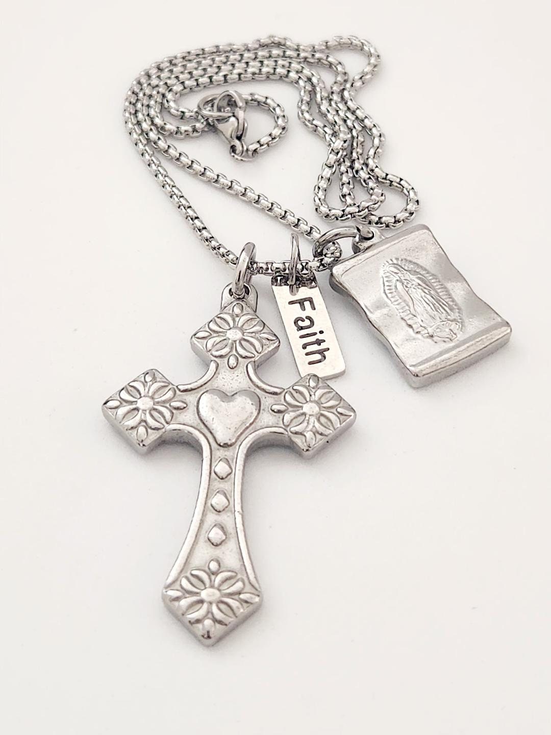 Multi Charm Catholic Necklace Stainless Steel Cross & Virgin Scapular ...