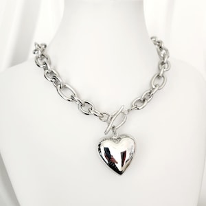 Chunky Silver Heart Necklace, Chunky Puff Heart Chain, Toggle Necklace ...