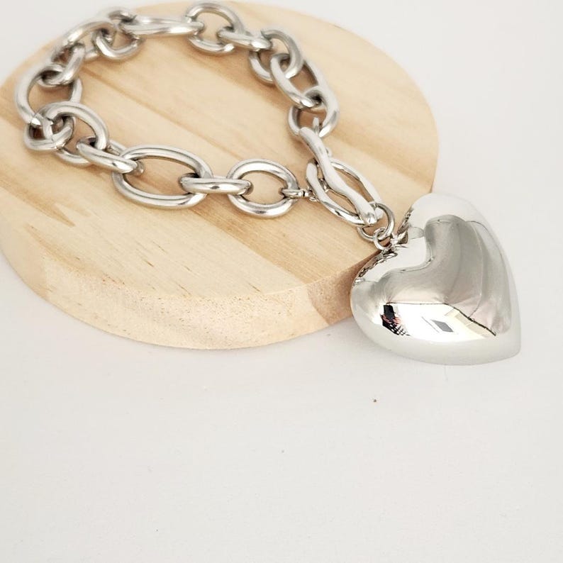 Puffed Heart Silver Bracelet, Chunky Heart Bracelet, Stainless Steel ...