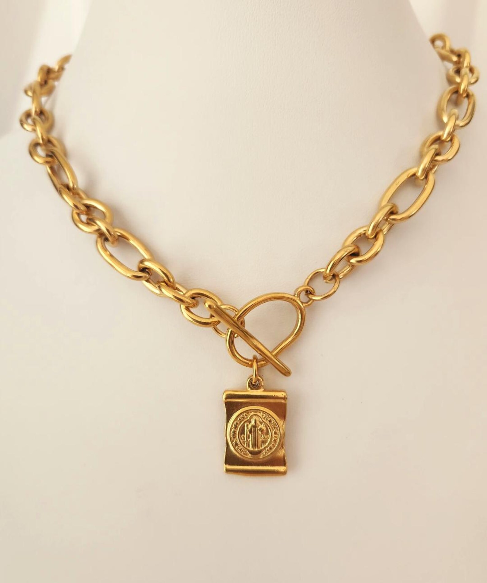 Saint Benedict Gold Necklace, Scapular Necklace, Catholic Protection ...