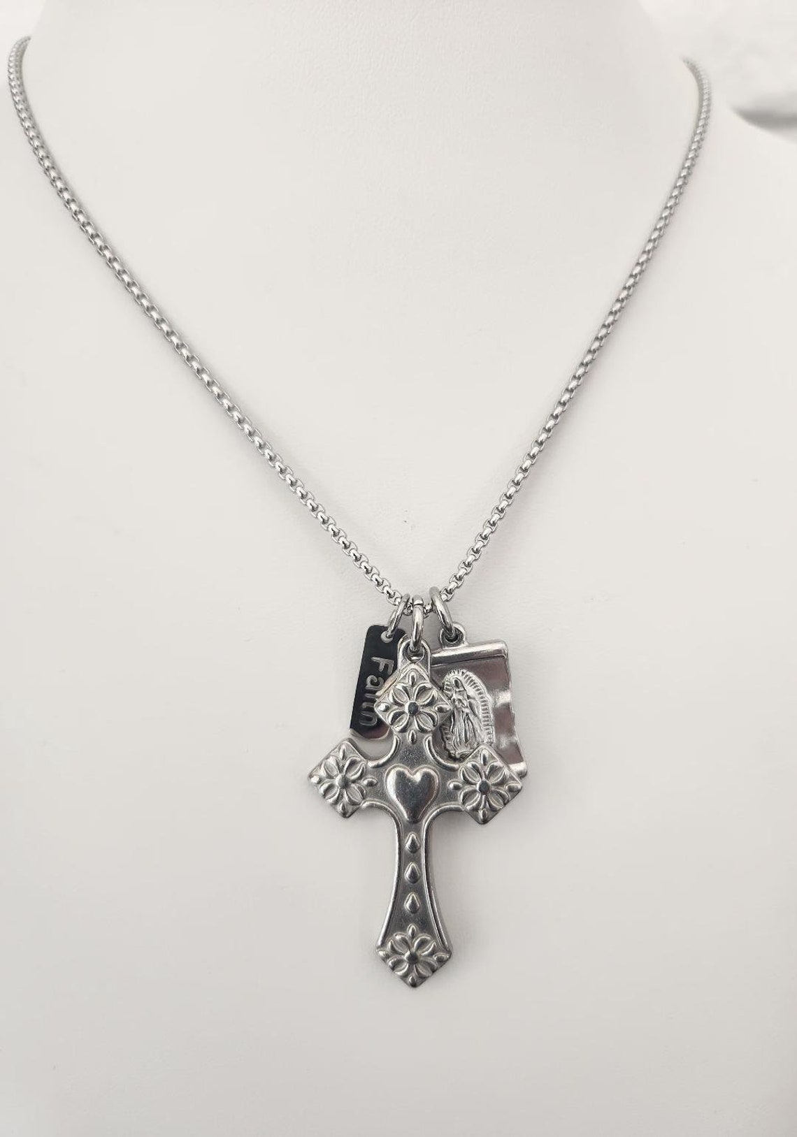 Multi Charm Catholic Necklace Stainless Steel Cross & Virgin Scapular ...