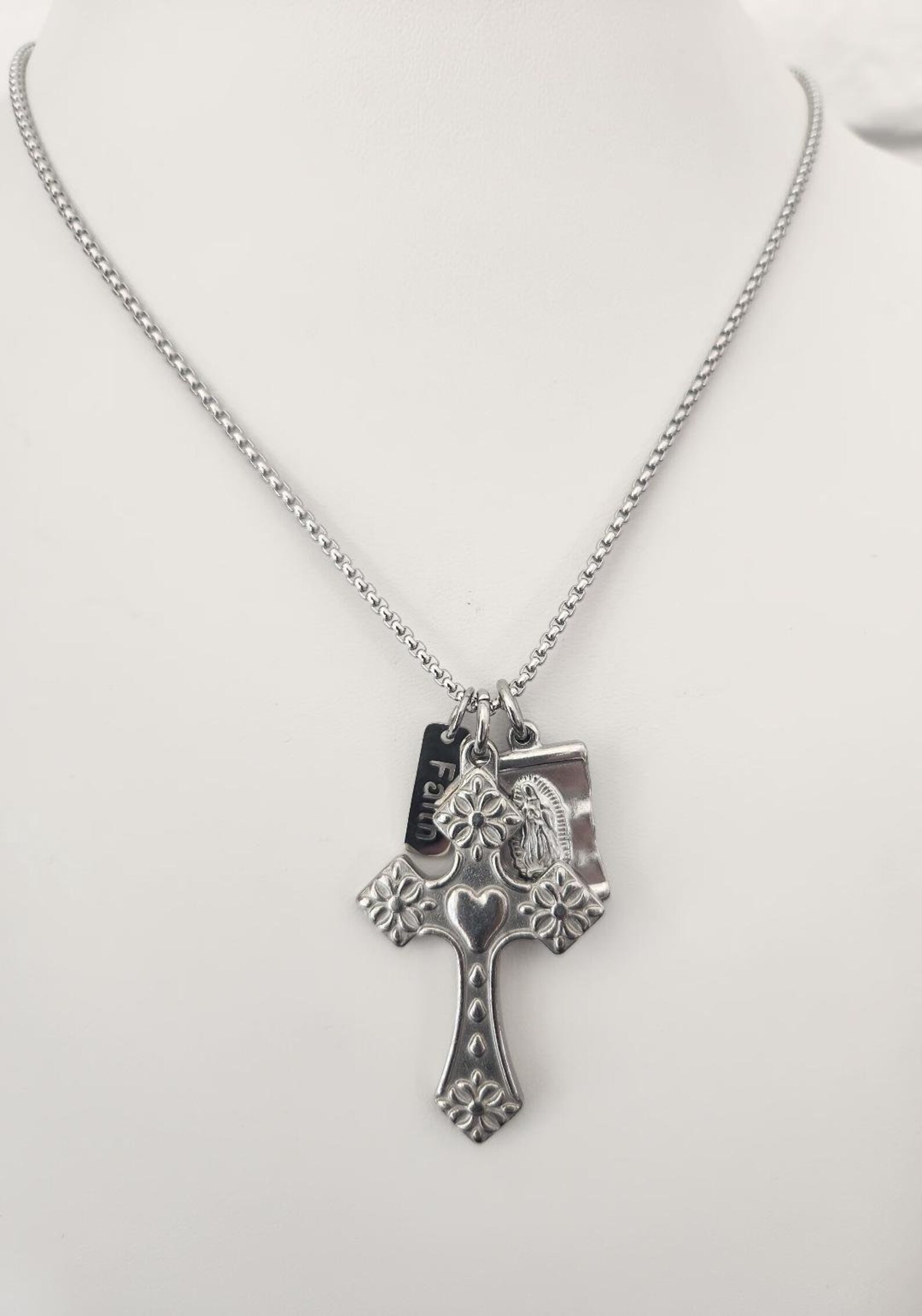 Multi Charm Catholic Necklace Stainless Steel Cross & Virgin Scapular ...