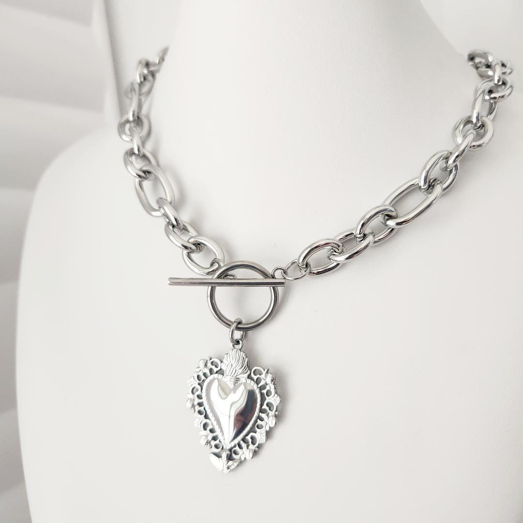 Silver Sacred Heart Necklace: Chunky Chain, Valentine's Gift, Religious ...