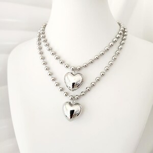 Silver Heart Necklace | Puff Heart Necklace With Ball Chain | Stainless ...