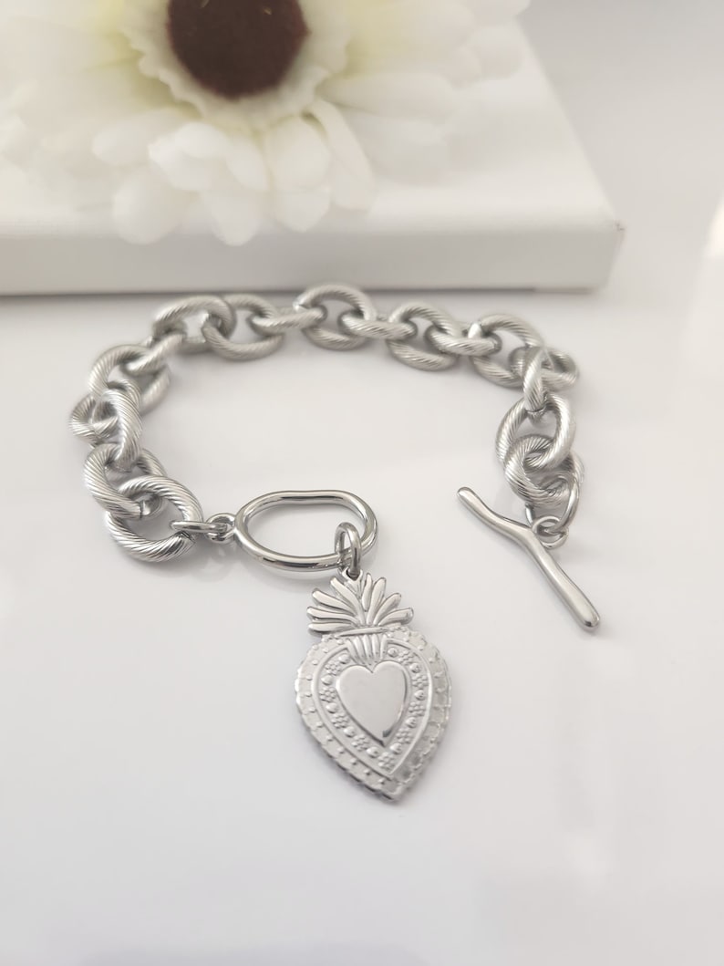 Sacred Heart of Jesus Silver Bracelet, Chunky Bracelet, Silver Chain ...