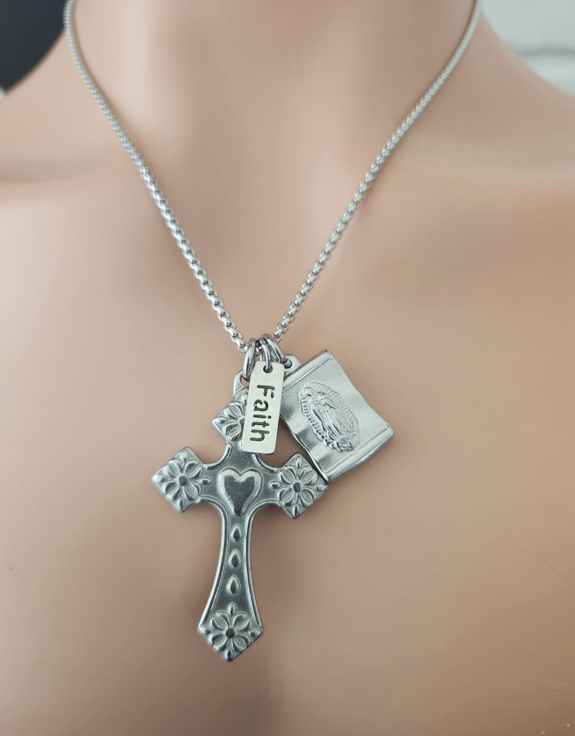 Multi Charm Catholic Necklace Stainless Steel Cross & Virgin Scapular ...