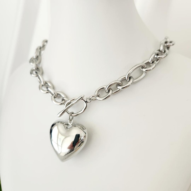 Chunky Silver Heart Necklace, Chunky Puff Heart Chain, Toggle Necklace ...