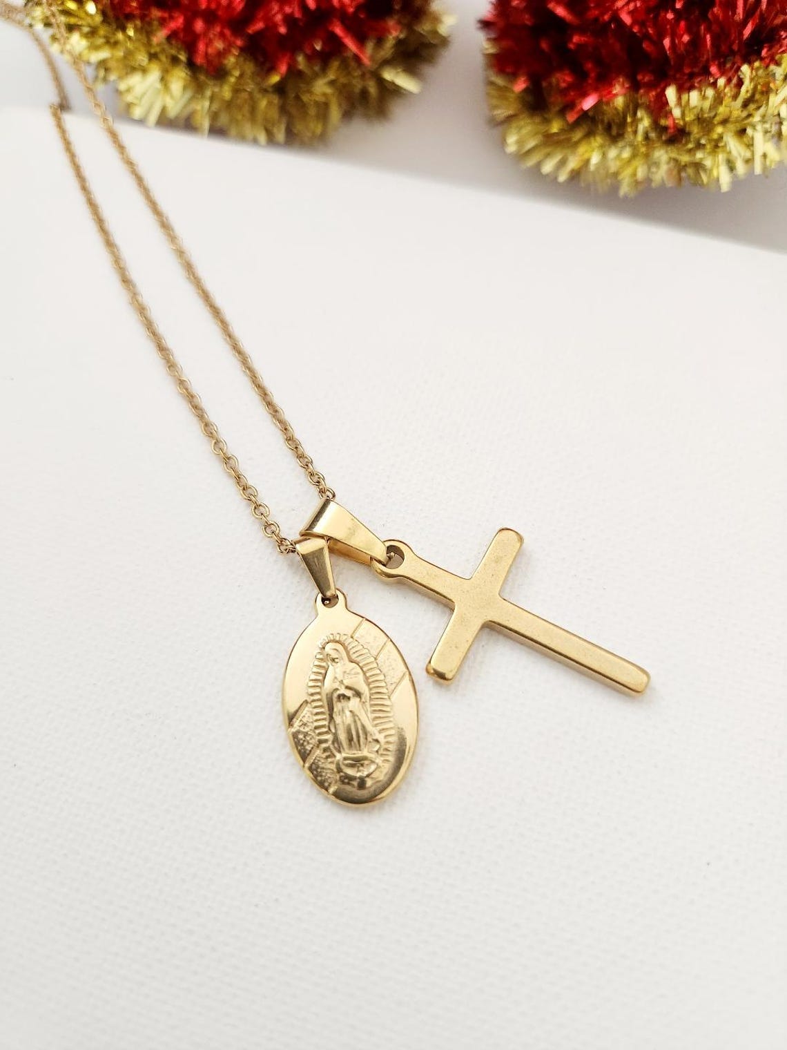 Virgin Mary and Cross Necklace: La Guadalupe Pendant, Catholic Jewelry ...