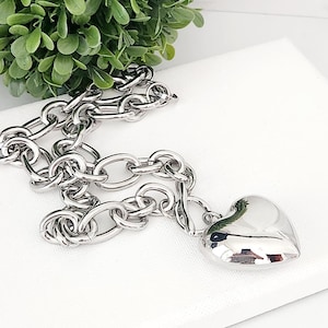 Chunky Silver Heart Necklace, Chunky Puff Heart Chain, Toggle Necklace ...