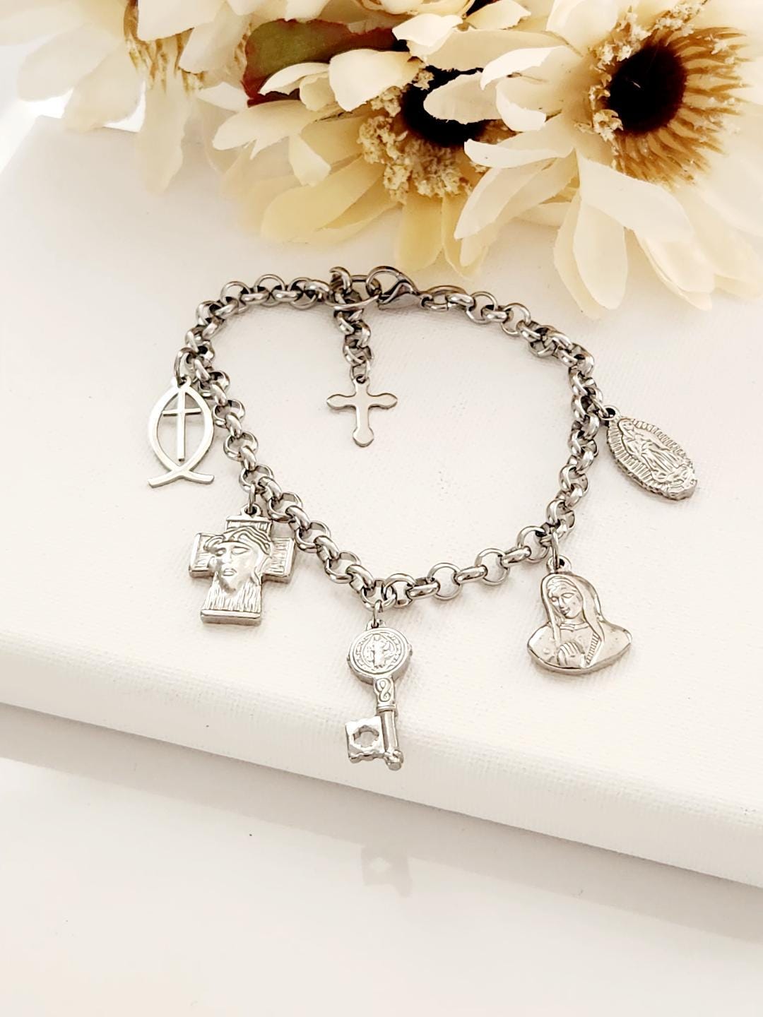Christian Charm Bracelet, Catholic Charm Bracelet, Silver Cross, Virgen ...
