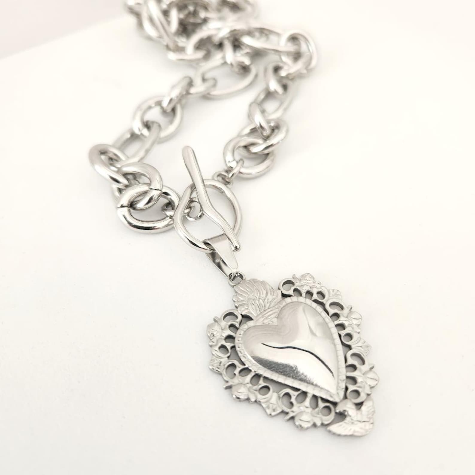 Silver Sacred Heart Necklace: Chunky Chain, Valentine's Gift, Religious ...