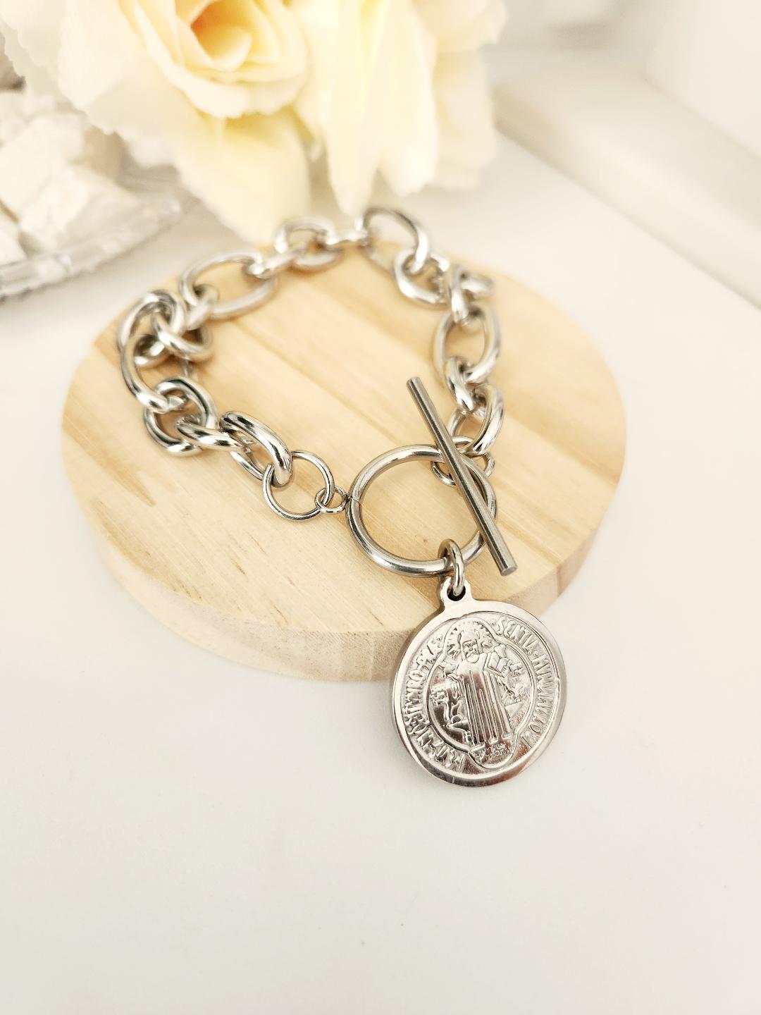 Saint Benedict Silver Bracelet: Chunky Stainless Steel Catholic Jewelry ...
