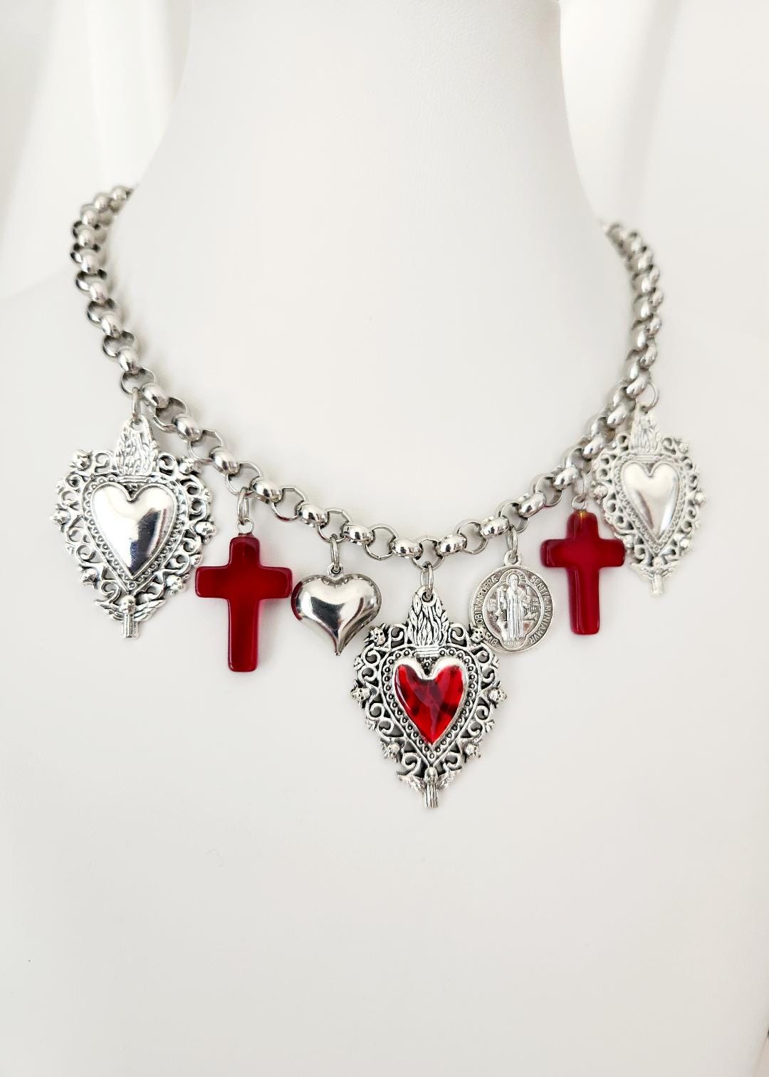 Sacred Heart of Jesus Necklace in Silver - Religious Multi Charm ...