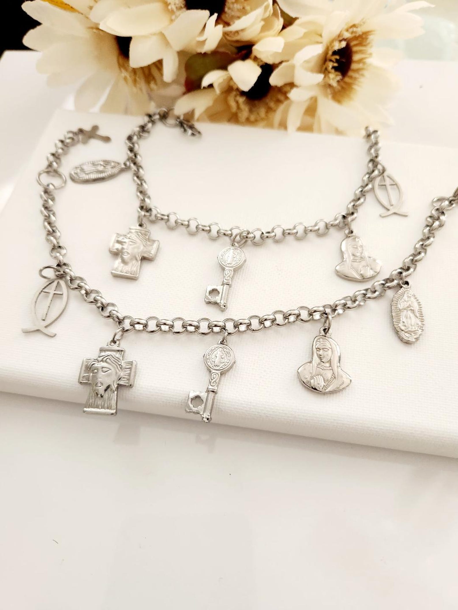 Christian Charm Bracelet, Catholic Charm Bracelet, Silver Cross, Virgen ...