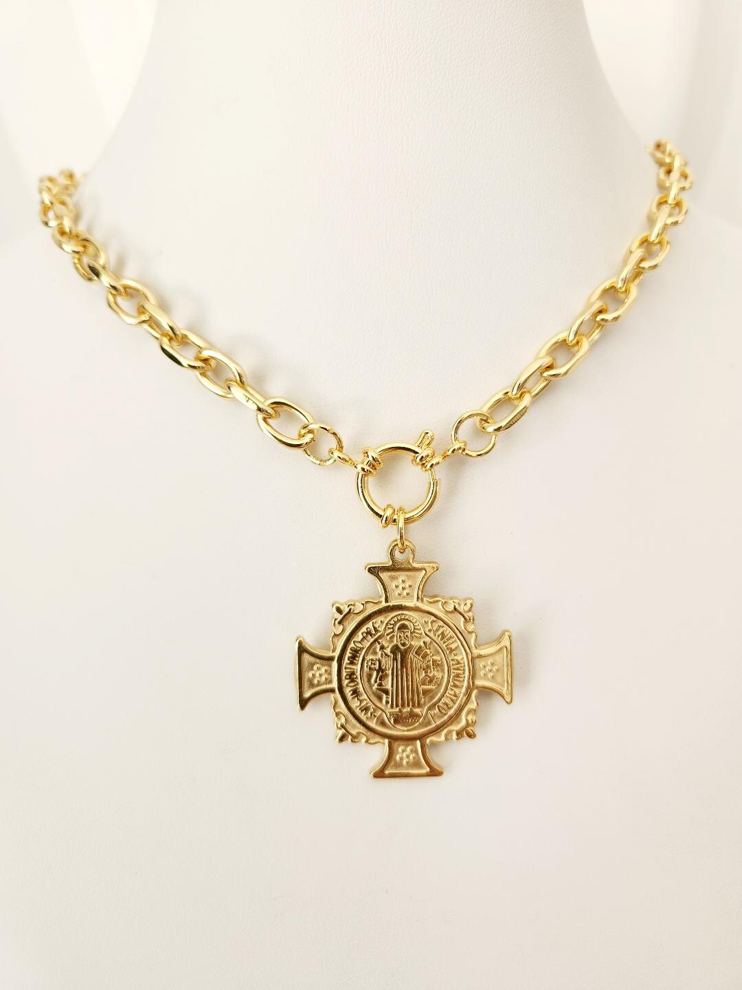 St. Benedict Gold Necklace , Chunky Cross Gold Plated - Catholic Cross ...