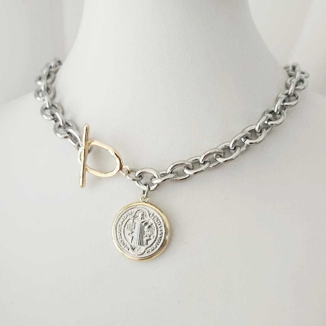 Saint Benedict Coin Medal Necklace, Saint Catholic Pendant, Christian ...