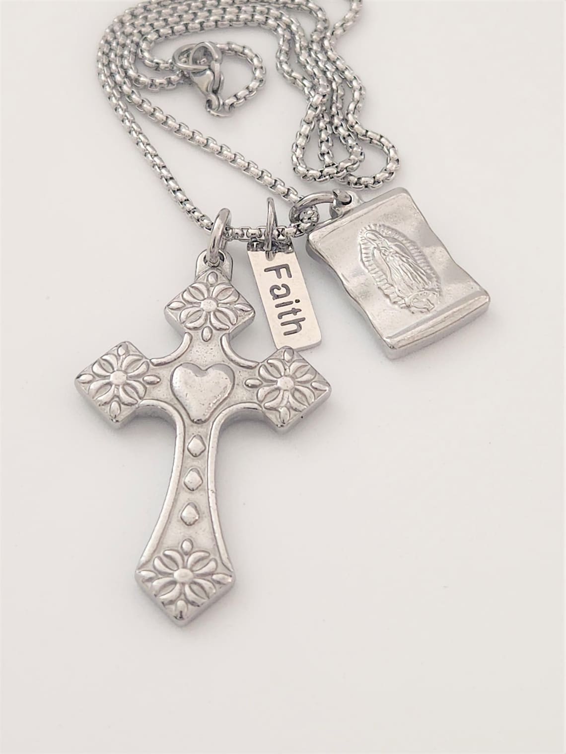 Multi Charm Catholic Necklace Stainless Steel Cross & Virgin Scapular ...