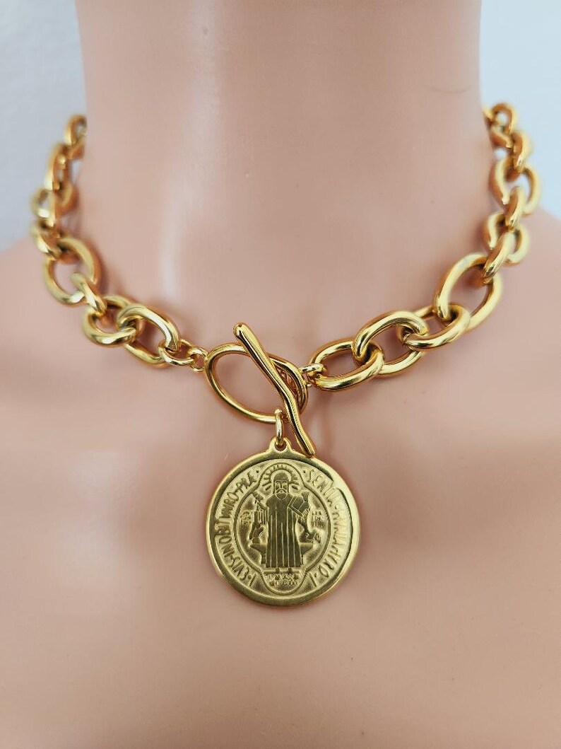 Saint Benedict Necklace, Chunky Chain, St Benedict Gold Medal Pendant ...