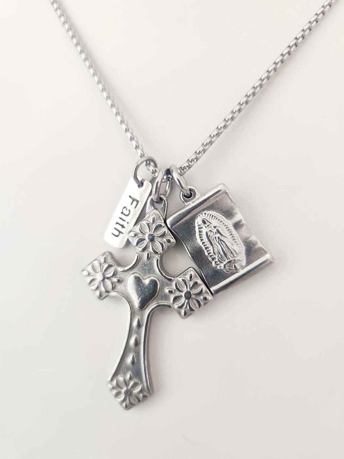 Multi Charm Catholic Necklace Stainless Steel Cross & Virgin Scapular ...
