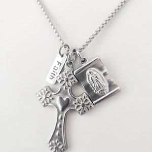 Multi Charm Catholic Necklace Stainless Steel Cross & Virgin Scapular ...