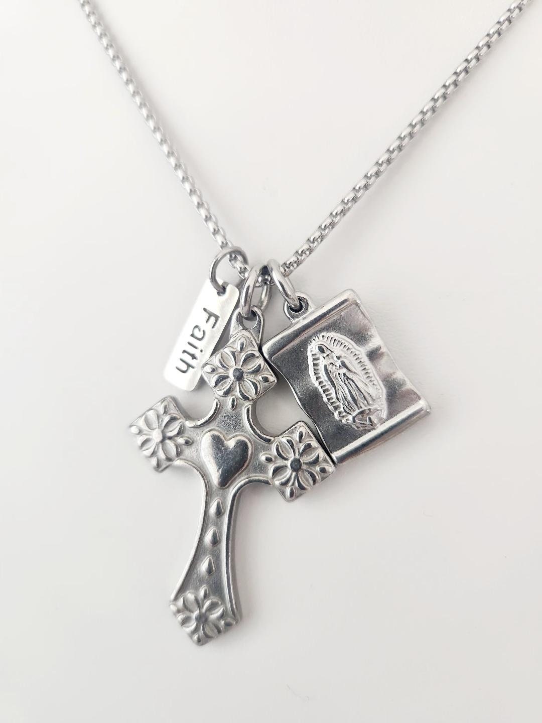 Multi Charm Catholic Necklace Stainless Steel Cross & Virgin Scapular ...