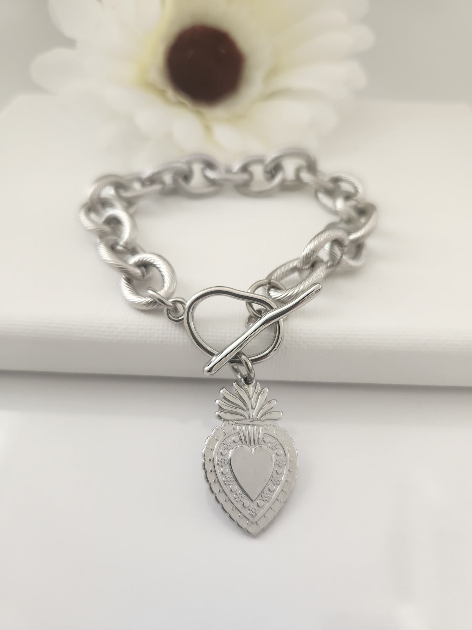 Sacred Heart of Jesus Silver Bracelet, Chunky Bracelet, Silver Chain ...