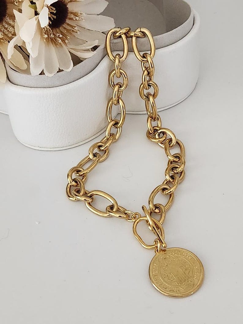Saint Benedict Necklace, Chunky Chain, St Benedict Gold Medal Pendant ...