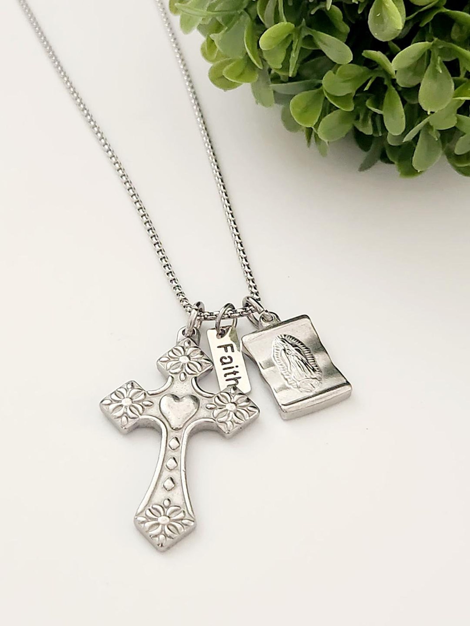Multi Charm Catholic Necklace Stainless Steel Cross & Virgin Scapular ...