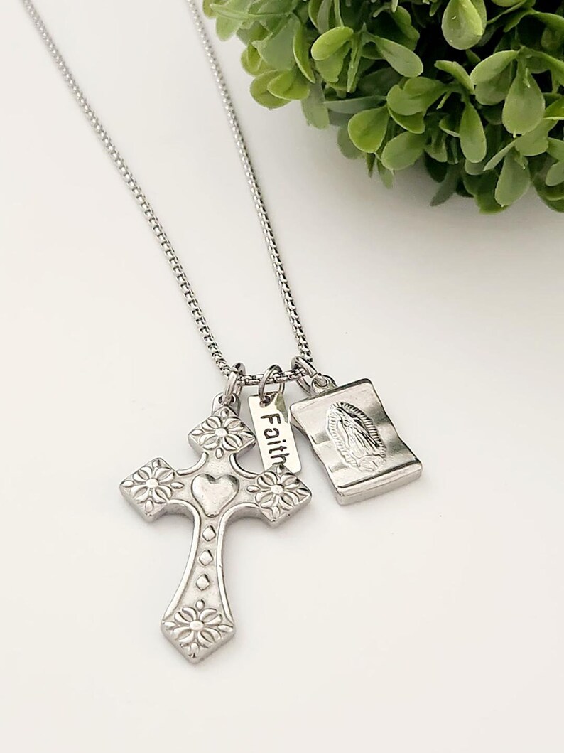 Multi Charm Catholic Necklace Stainless Steel Cross & Virgin Scapular ...