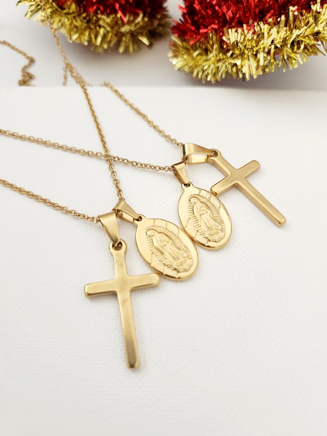 Cross and Virgin Gold Necklace, Stainless Steel , Religious Jewelry ...