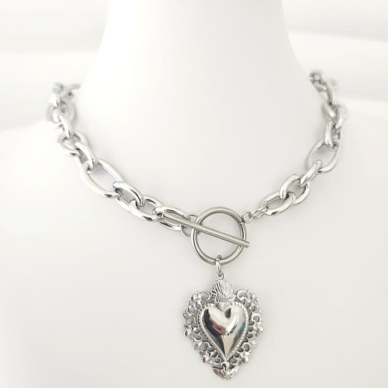 Silver Sacred Heart Necklace: Chunky Chain, Valentine's Gift, Religious ...