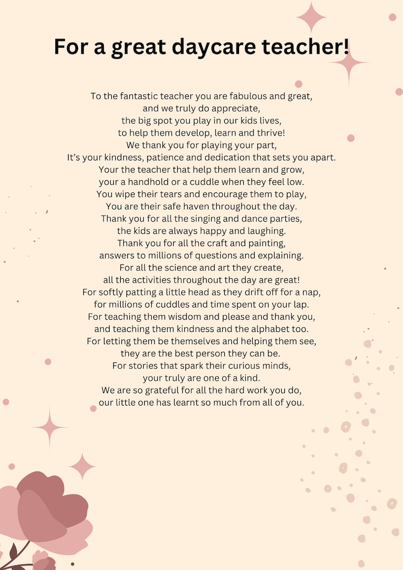 Daycare Teacher Gift, Poem for Daycare Team, Gift for Daycare Teacher ...
