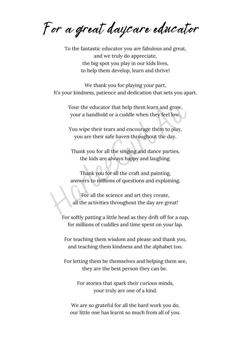 Daycare Teacher Gift, Poem for Daycare Team, Gift for Daycare Teacher ...