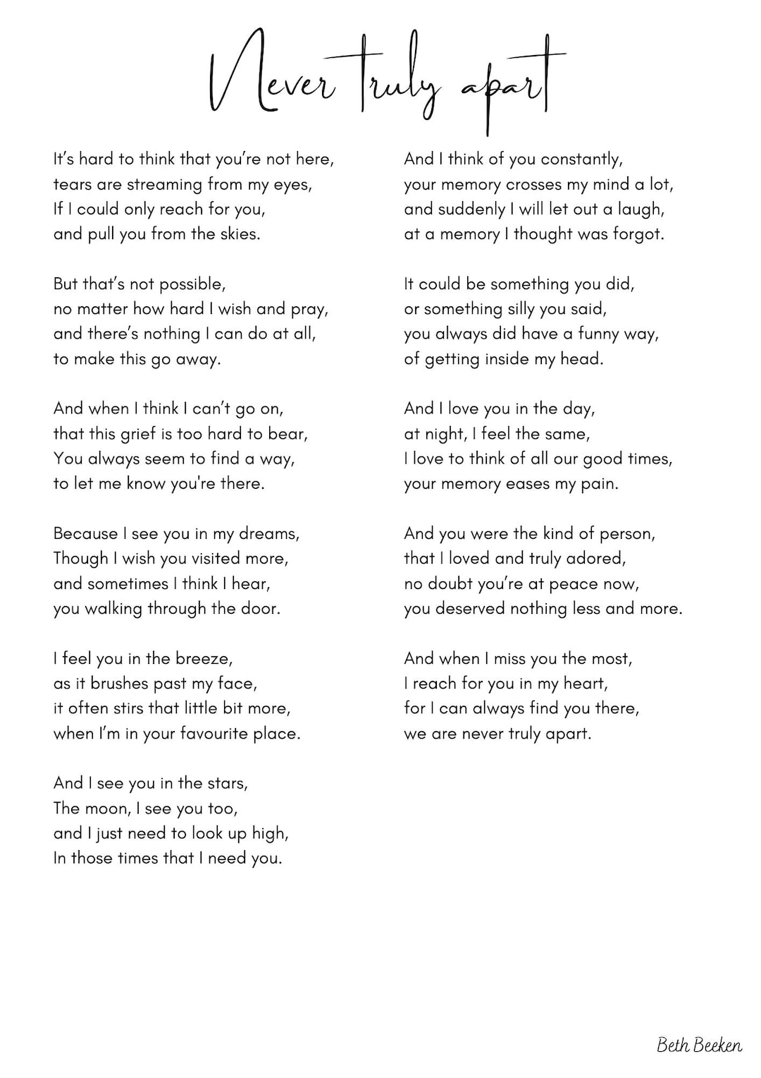 Never Truly Apart, DIGITAL DOWNLOAD, Loss of a Partner, Loss of a ...