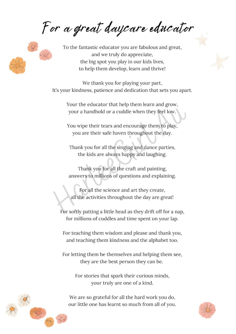 Daycare Teacher Gift, Poem for Daycare Team, Gift for Daycare Teacher ...