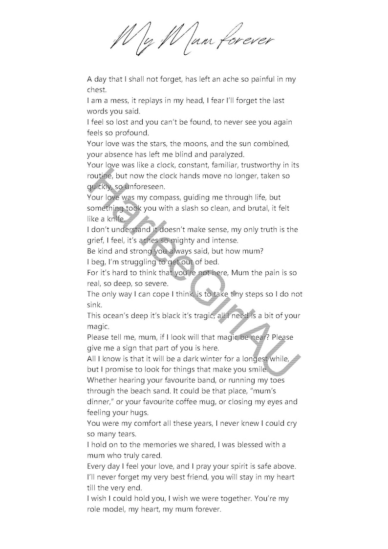 Sympathy Poem, My Mum Forever, DIGITAL DOWNLOAD, Grief Poem, Loss of a ...